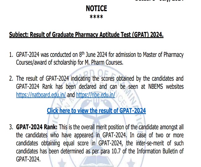 GPAT Result 2024 Out: NBEMS ने घोषित किया ग्रेजुएट फार्मेसी एप्टीट्यूड ... GPAT Result 2024 Out: NBEMS ने घोषित किया ग्रेजुएट फार्मेसी एप्टीट्यूड ...